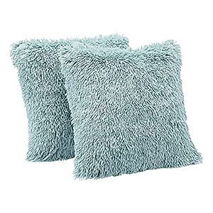 Amazon Basics Shaggy Long Fur Faux Fur Throw Pillow Covers, 18"x18", Pack of 2 - Teal Blue