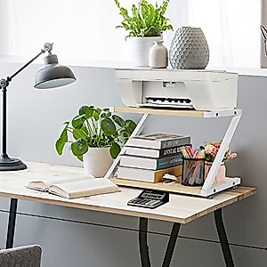 Hossejoy Printer Stand, 2 Tier Desktop Printer Shelves Rack with Anti - Skid Pads for Space Organizer as Storage Shelf, Multi-Purpose Wood Desk Organizer for Home and Office (Light Wood)