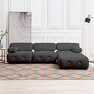 Mjkone Modular Sectional Sofa with Reversible Chaise, Velvet L Shaped Cloud Couch with Reversible Ottoman, 4 Seater Couch Button Tufted Designed, DIY Combination Sofa for Living Room, Dark Grey