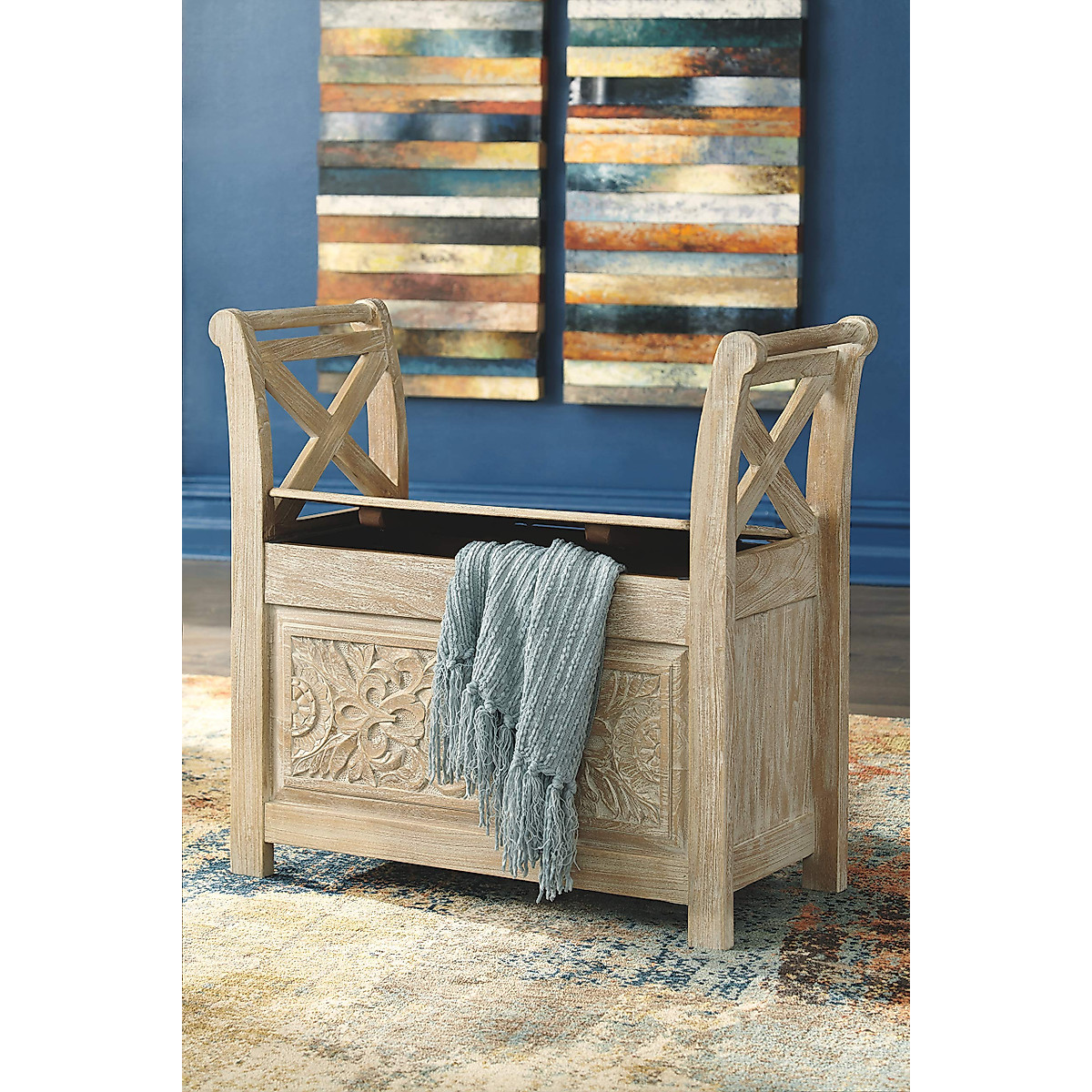 Signature Design by Ashley Fossil Ridge Boho Storage Accent Bench, Vintage White