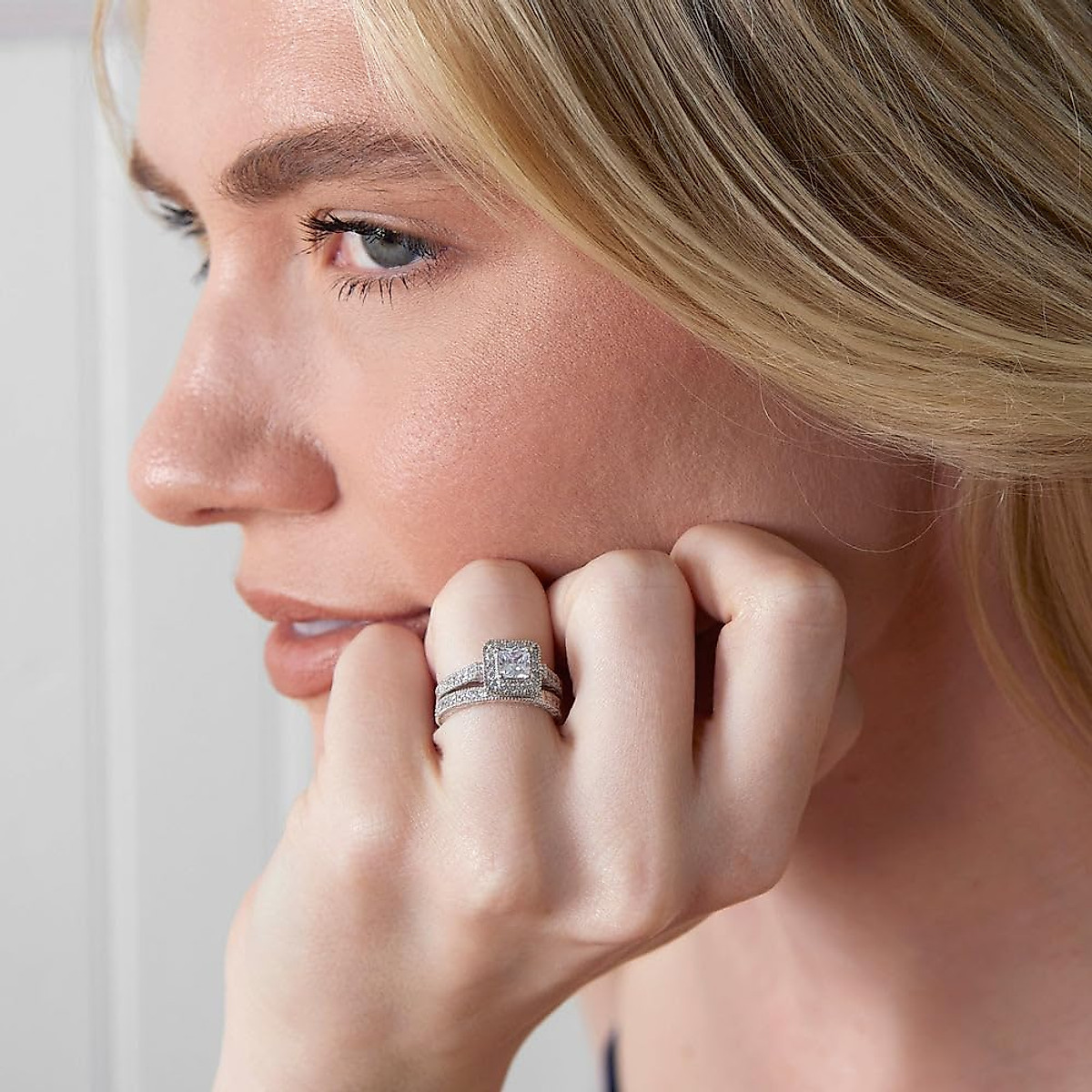 Women's Sterling Silver Halo Princess Cut CZ Wedding Engagement Ring Set, ring size 9 - Wedding Ring Set for Her - Wedding Jewelry - Princess Cut Engagement Ring - Alternative Engagement Ring Set -