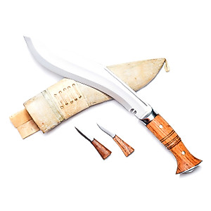 MASUM 10” Blade Operation Kukri, Panawal Full Tang Gurka Khukri, Double Fuller Sharp Blade Khukuri, Beige Leather Scabbard w/ 2 extra utility knives, Handmade in Nepal Khukri