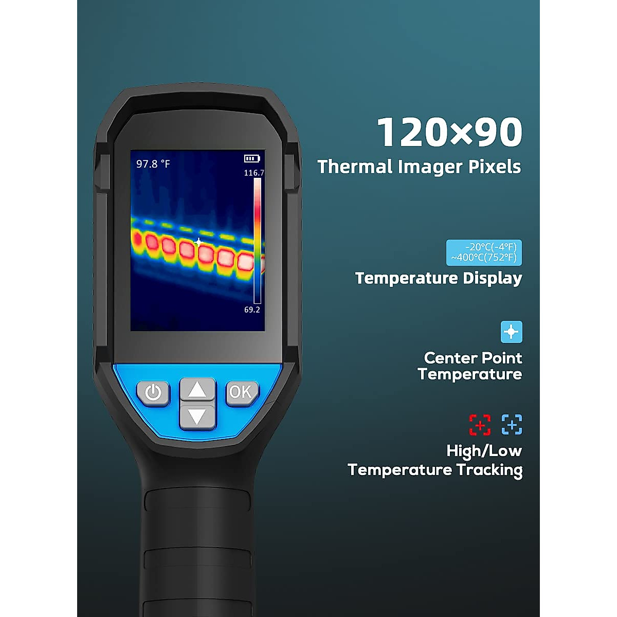 ACEGMET TR120E Thermal Imaging Camera, 120 x 90 IR Resolution Handheld Thermal Camera 10800 Pixels, 25 Hz Refresh Rate Thermal Imager with Laser Pointer, 2.4" LCD Screen, IP54, -4°F~752°F Range