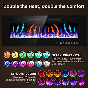 BREEZEHEAT 50 inch Electric Fireplace Wall Mounted/Freestanding-Ultra Thin Fireplace Inserts for Living Room with Double Heat Vent, Remote Control, Touch Screen, Led Flame, 8H Timer, 750w/1500w