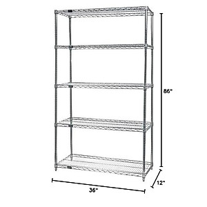 Quantum WR86-1236C-5 Wire Shelving Starter Kit, 36'W x 12'D x 86'H, 600 lbs Capacity, Carbon Steel, Chrome, NSF