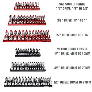 OEMTOOLS 22234 6 Piece SAE and Metric Socket Tray Set, SAE and Metric Socket Storage for Sizes 1/4", 3/8”, and 1/2" Drive, Socket Holders and Socket Organizer Tray for Toolbox, Red and Black