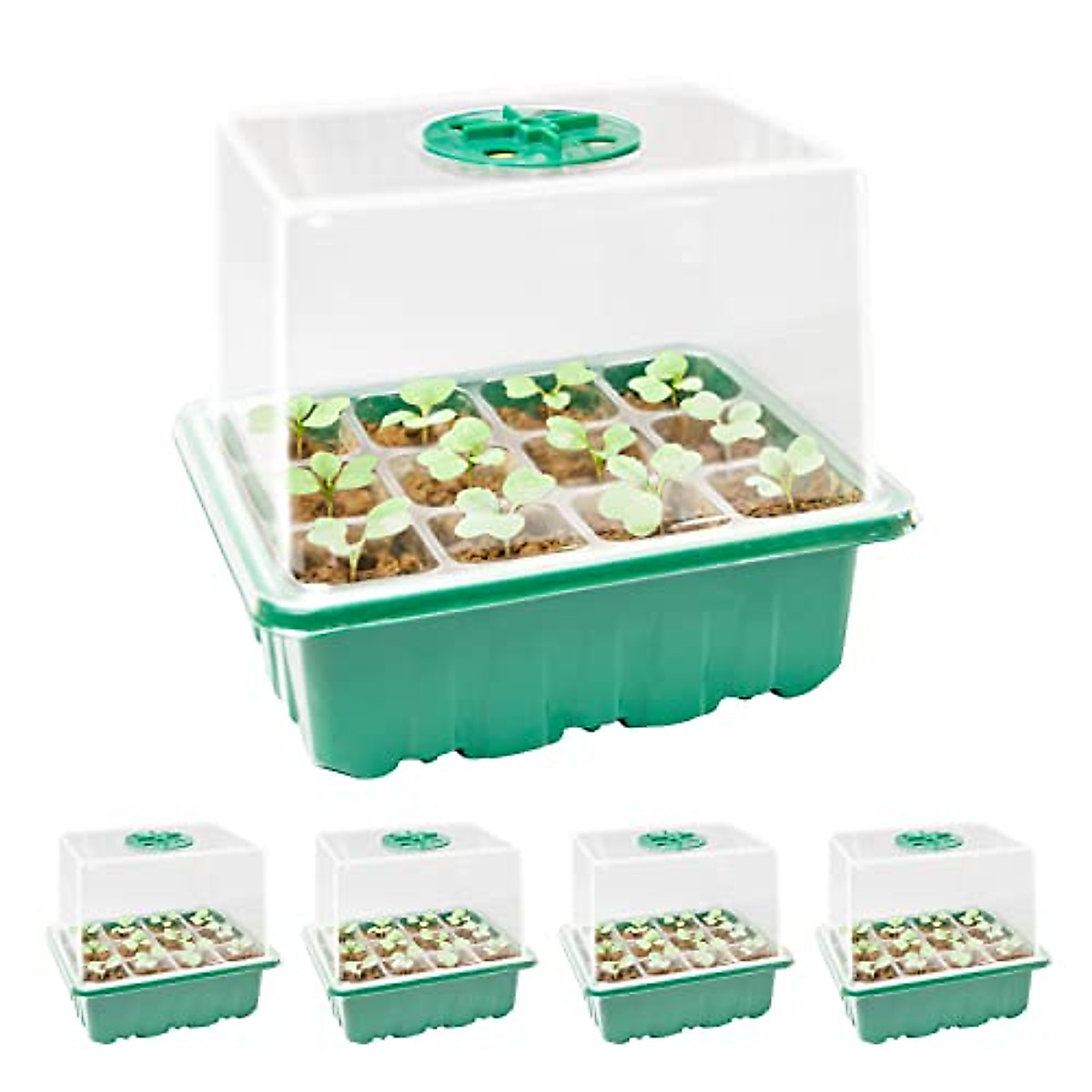 KENNEDICH Seed Starter Tray, 5 Pack Seeding Starter Growing Kit with Light, Grow Trays for Seeds Starting, Indoor Gardening Plant Germination Trays with Adjustable Humidity and 4" Heigher Cover