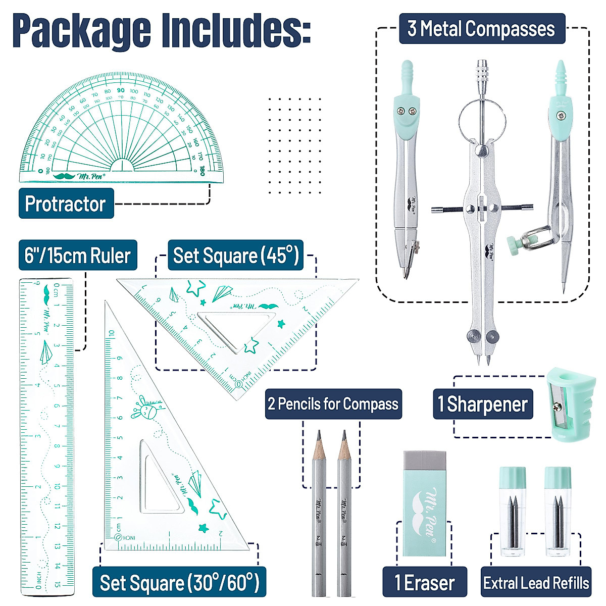 Mr. Pen- Geometry Set, 13 pcs, Compass for Geometry Compass, Geometry Kit Set with Shatterproof Storage Box, Math Compass, Geometry Set for School, Compass Math, Protractor and Compass Set