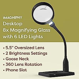 iMagniphy 8X Desk Magnifying Light - White or Black - Magnifying Lamp for Reading, Crafts - Desk Magnifying Glass with Light and Stand, 6 LEDs, Base