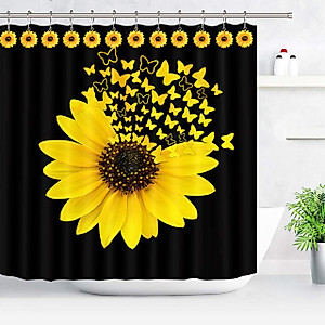 CHICTIE Flowers Shower Curtain Hooks Rings, 12 Pcs Decorative Rustproof Shower Rings for Bathroom Set (Yellow Sunflower)