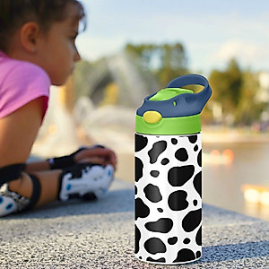 Black & White Cow Print Kids Water Bottle, BPA-Free Vacuum Insulated Stainless Steel Water Bottle with Straw Lid Double Walled Leakproof Flask for Girls Boys Toddlers, 12Oz