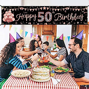 Happy 50th Birthday Banner Decorations for Women, Rose Gold 50 Birthday Sign Party Supplies, Glitter Fifty Birthday Backdrop Decor for Outdoor Indoor