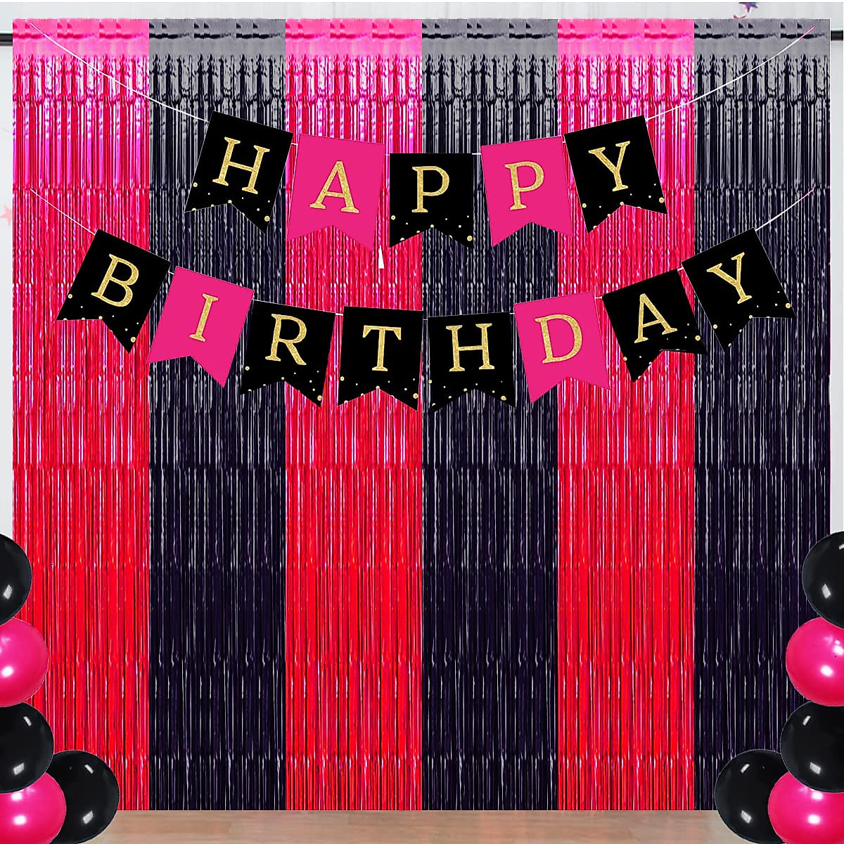 Hot Pink Backdrop Curtain, Black and Hot Pink Birthday Decorations Hot Pink Black Backdrop Wall Streamers for Graduation Girls Women Wedding Bridal Baby Shower Bachelorette Party Decorations (3 Pack)
