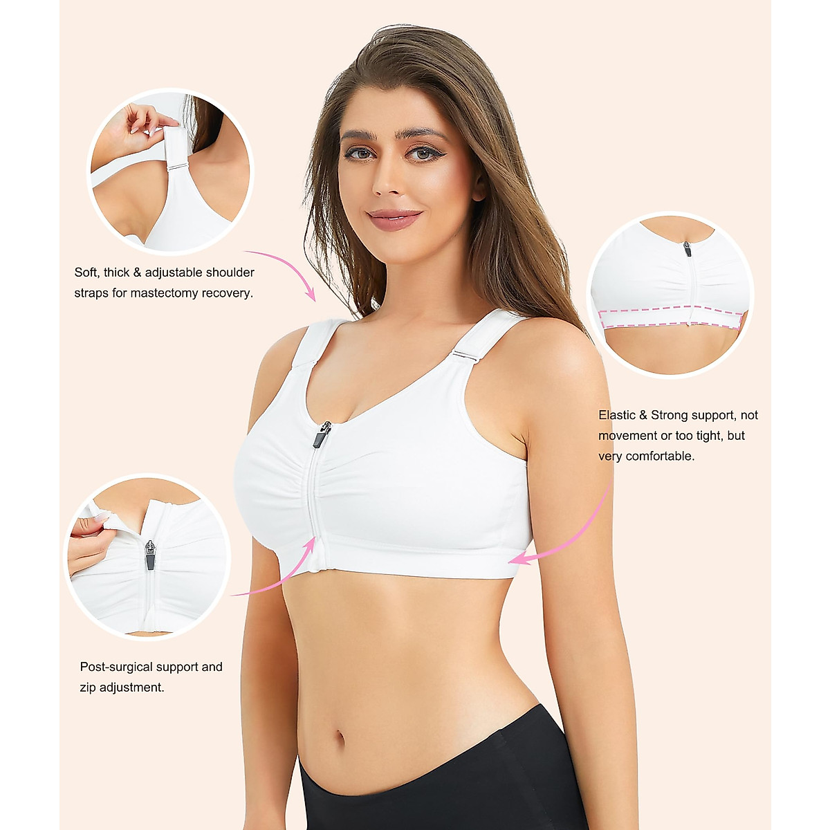 BRABIC Zip Front Closure Everyday Bra for Women Post Surgery Compression Support with Adjustable Straps Wirefree (Medium, White)
