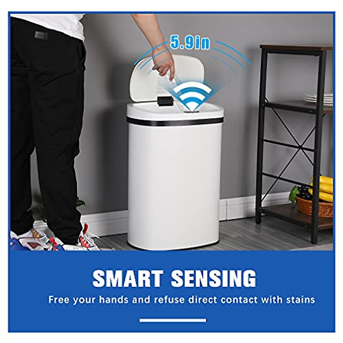 Hkeli 13 Gallon50 Liter Garbage Can Automatic Trash Kitchen Touch Free High Capacity with Lid Brushed Stainless Steel Waste Bin for Bathroom Bedroom Home Office (White), 17.3 x 13 x 23.6 inches