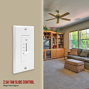 ENERLITES 3 Speed In Wall Ceiling Fan Control, Slide switch, 120VAC, 2.5A, Single-Pole, No Neutral Wire Required, 17000-F3-W-F, White