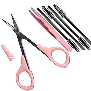 4" Curved Craft Scissors Stainless Steel Unisex Eyebrow Kit Eyebrow Scissors, Slant Tweezers And Eyebrow Brush for Eyebrow Eyelash Extensions (Pink Set)