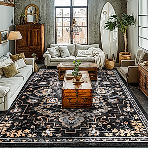 8x10 Boho Large Area Rug, Washable Rug, Ultra Soft Area Rug, Non Slip Abstract Rug Foldable, Stain Resistant Rugs for Living Room Bedroom, Vintage Fuzzy Rug(Black Yellow, 8'x10')