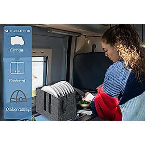 Felt Plate Storage Containers for Caravan, Camping Dish Holder Bag for 8 Plates, Camping Tableware Storage Felt Bag, Motorhome Cupboard Storage Kitchen Accessories, Reduce Noise