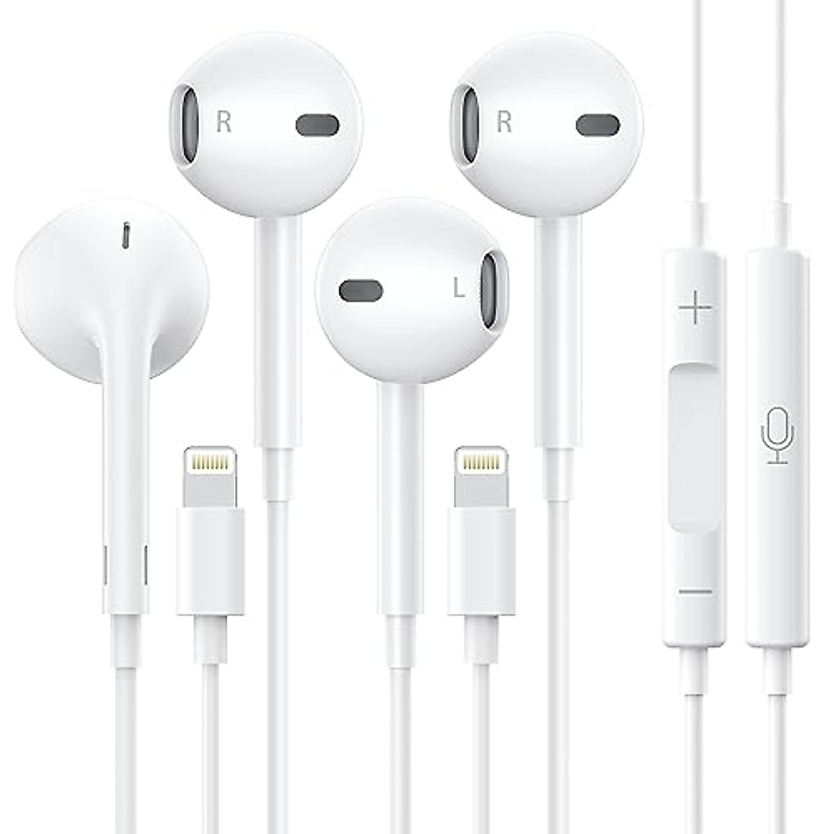 WASABI MANGO 2 Pack-Earbuds Headphones with Lightning Connector [MFi Certified] Built-in Microphone & Volume Control, Noise Isolating Wired Earphones for 14/13/12/11/XR/XS/X/8/7 Support All iOS