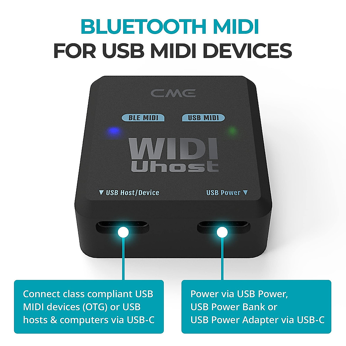 CME WIDI Uhost + USB micro-B OTG cable pack - Bluetooth USB MIDI Interface + USB host for Class Compliant USB MIDI devices via USB micro-B port