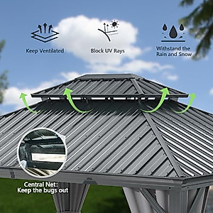 Domi 10'x12' Hardtop Gazebo Canopy,Outdoor Aluminum Gazebo with Galvanized Steel Double Roof,Curtain and Netting Included,Grey