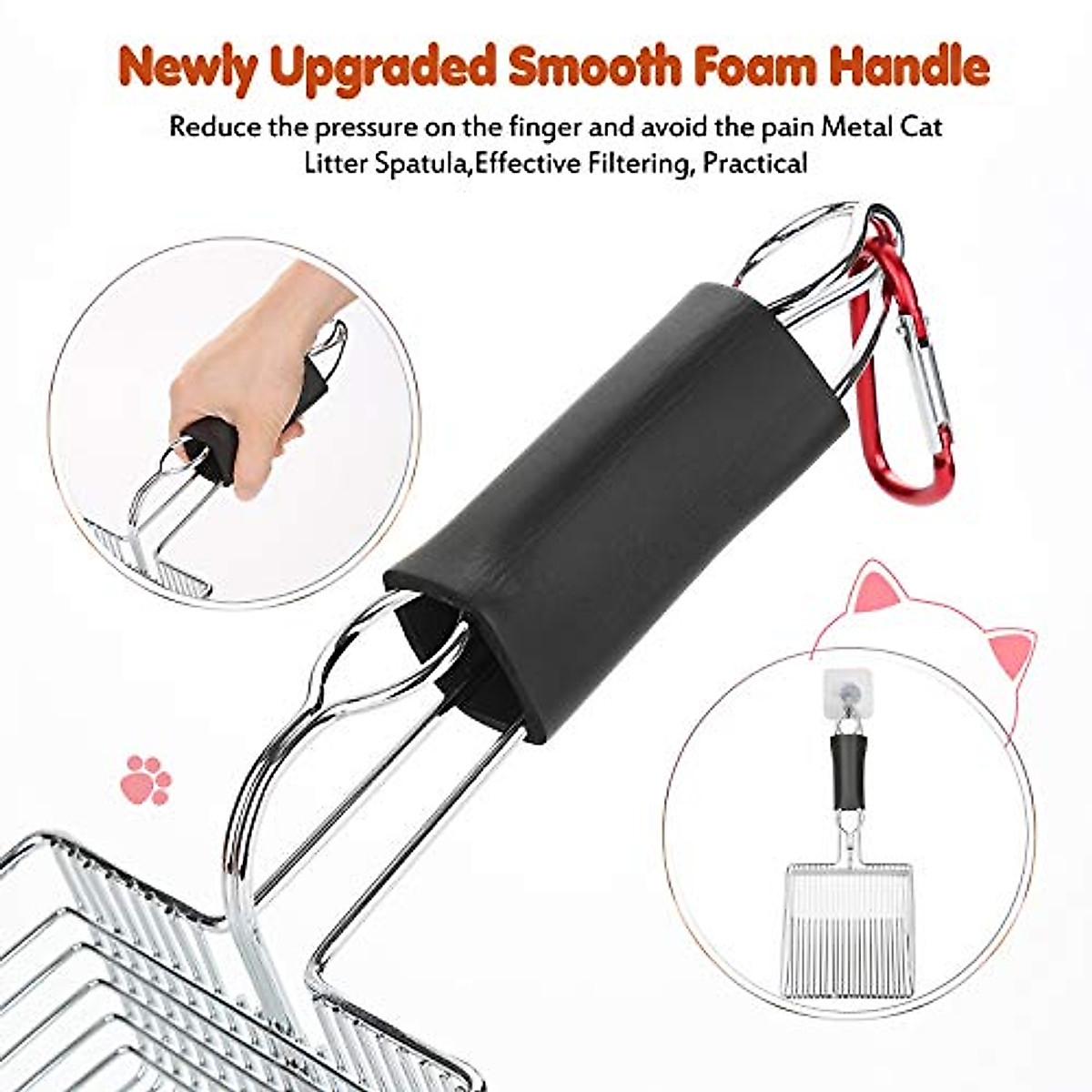 Ownpets Non-Stick Cat Litter Scoop with Foam Handle, Durable Coated Metal Litter Scooper with Deep Shovel, Carabiner & Comfy Foam Grip for Fast Sifting & Instant Cleaning