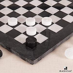 Radicaln Marble Checkers Board Game 15 Inches Black and White Handmade 2 Player Tournament Checker Set - Portable Table Draughts Board Games Sets