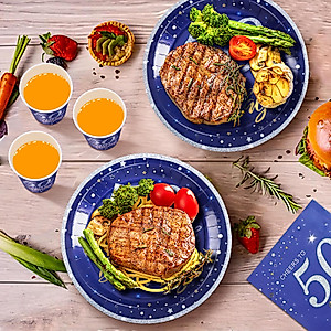 50th Birthday Party Supplies Disposable Paper Plates Napkins Cups Knives Spoons Forks for Men women Navy Blue 50 Birthday Party Decorations, Total 168pcs,Serve 24