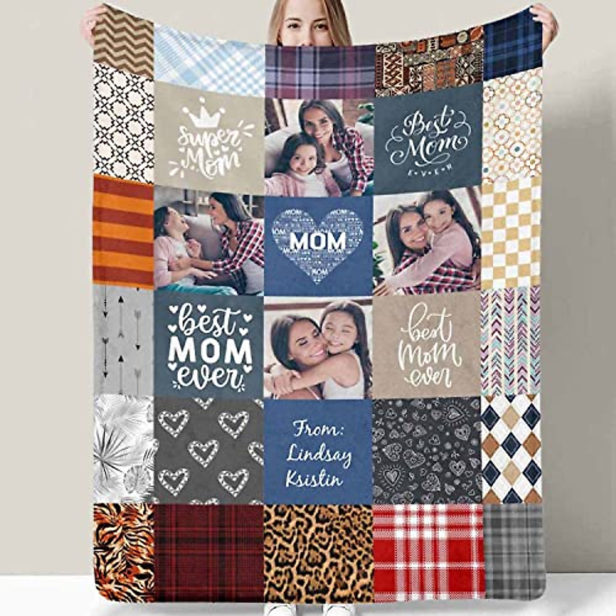 D-Story Best Mom Ever Custom Blanket Memorial Gift for Mom: Made in USA, Personalized Photo Text Throw Blanket as Gift from Daughter Son Lightweight Blanket for Bed, Camping and Travel