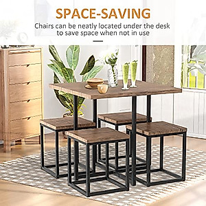 HOMCOM 5 Piece Dining Table Set for 4, Kitchen Table and Chairs for Breakfast Nook, Small Space, Apartment, Space Saving, Walnut Wood Color