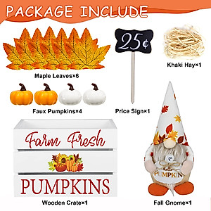 Fall Decorations for Home Indoor, Fall Thanksgiving Table Decor - Wooden Crate with 1 Fall Gnome Plush, 4 Mini Foam Pumpkins & 6 Fall Leaves, Farmhouse Fall Kitchen Tiered Tray Decor Mantle Shelf Desk