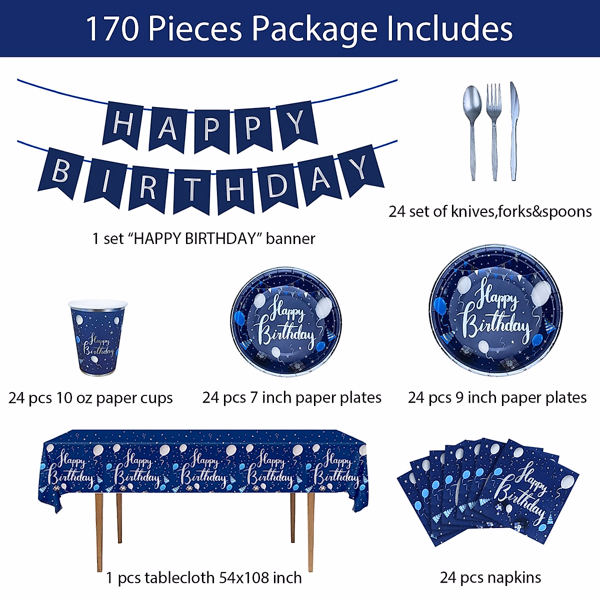 Navy Blue Birthday Party Decorations with Silver Stamped Tableware Set includes; Starry Theme Tablecloth, 9" and 7" Plates, Cups, Napkins, Utensils and Happy Birthday Banner -24 Guest