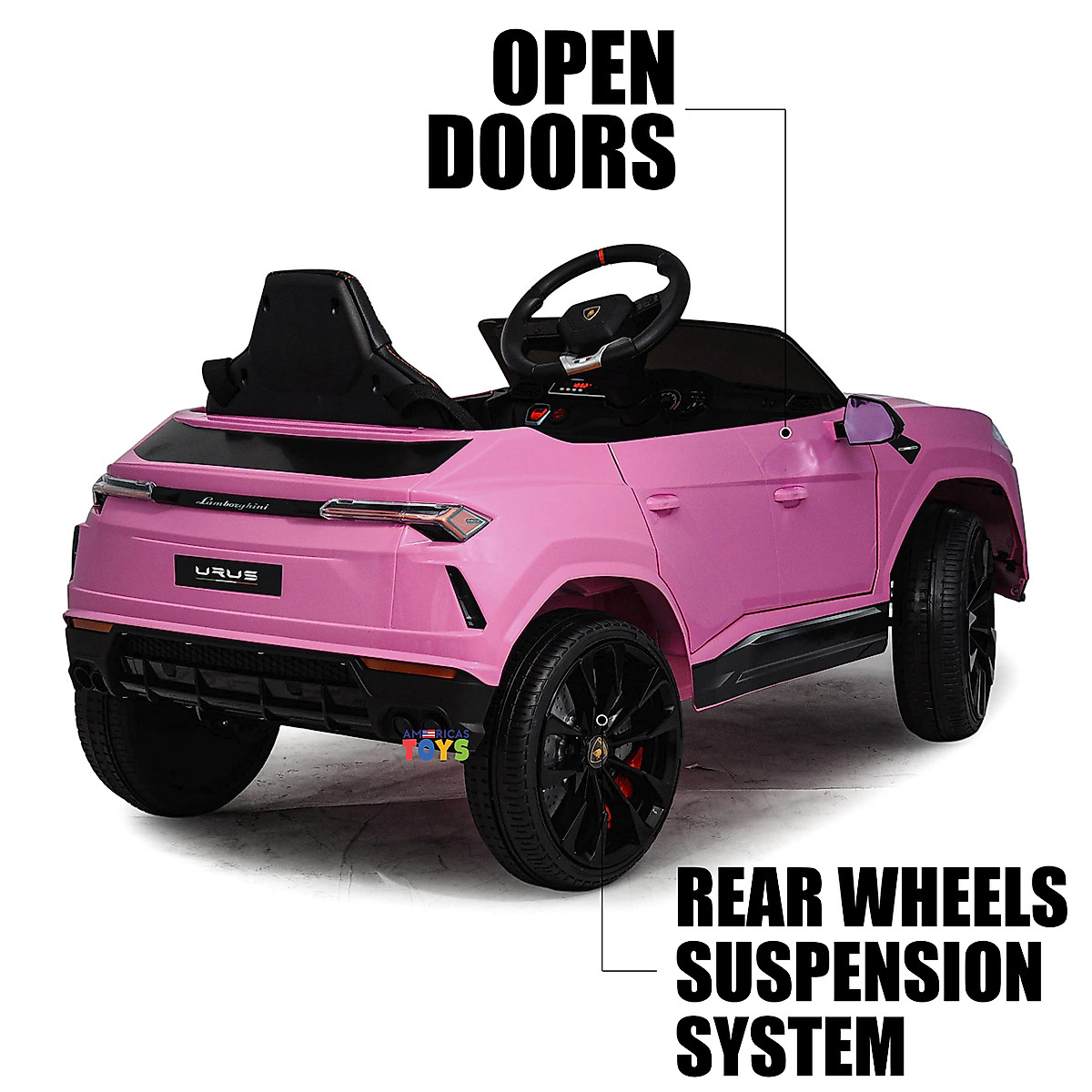 Ride On Toys for Girls – Americas Toys Ride On Cars with Remote Control – 12V Electric Kids Car w/ 4 Wheels Suspension, Open Doors, Lights, Leather Seat, Music, Horn, Compatible with Lamborghini Pink