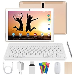 AOYODKG TAB-A22 10 Inch Tablet with Keyboard, Android 10, Octa-core Processor, 64GB Storage, 4GB RAM, 256GB Expandable, WiFi, GPS, 1920x1200 HD Display, Gold