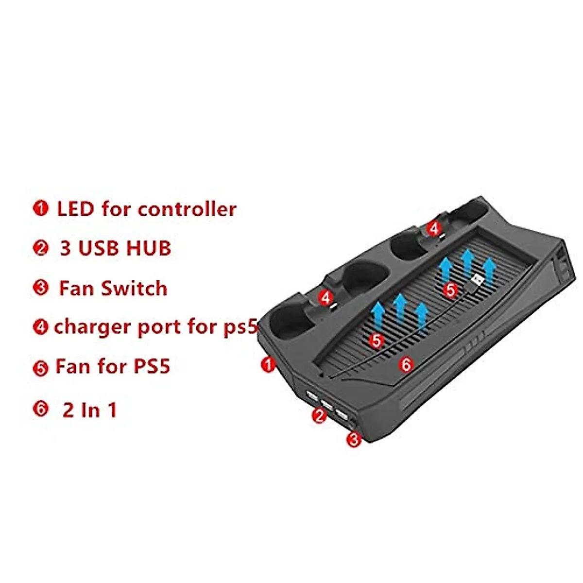 Vertical Stand with Cooling Fan Station Charging Dock, for PS5 Console and PS5 Digital Edition with 3 USB Hubs, 2 DualSense Controller Charging Dock