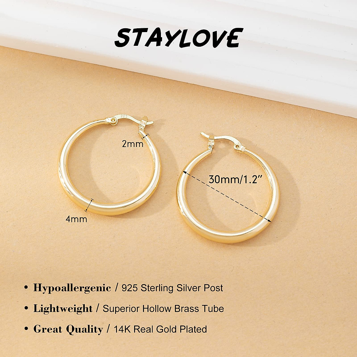 STAYLOVE Big Thick Gold Hoop Earrings for Women 14K Real Gold Plated Classic Lightweight Chunky Gold Hoops Hypoallergenic Hoop Earrings with 925 Sterling Silver Post, 30MM