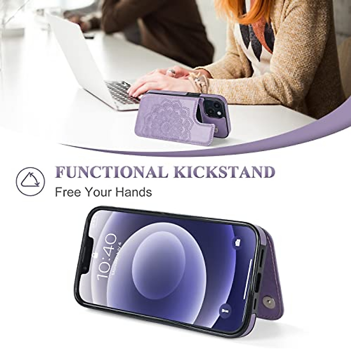 JAROIE Wallet Case for iPhone 13 with 3 Card Slots Embossed Mandala Pattern Flowers Magnetic Buttons Flip Faux Leather Cover Shockproof 2021 6.1 Inch (Purple)