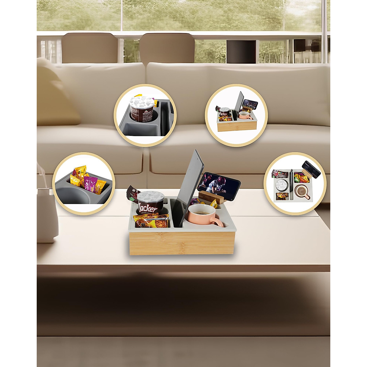 Hitseon Couch Cup Holder Tray, Handy Silicone Bamboo Couch Caddy with Rotatable Phone Holder for Bed Car Seat Organizer, Waterproof Anti-spill Sofa Cup Holder for Snacks Beverage Remote (Gray)