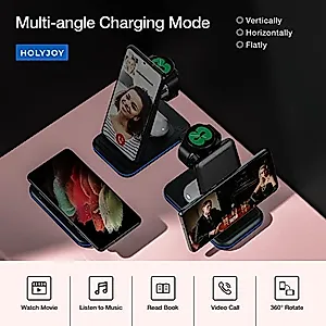 Wireless Charger for Samsung/Android, HOLYJOY Foldable 3 in 1 Fast Charging Station/Stand/Multi Charger for Samsung S23/S22/S21/S20/Note 20, Travel Pad for Galaxy Watch 5/4/3/Active 2, Buds(Black)