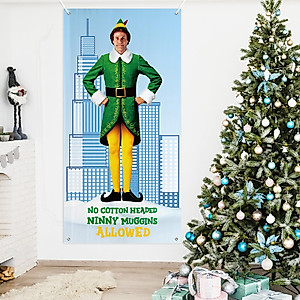 Funny Christmas Door Cover, No Cotton Headed Ninny Muggins Allowed Porch Sign for Outdoor Decorations, Buddy The Elf Photo Booth Background Banner, Elf Party Decor Supplies, 70.8x35 Inch
