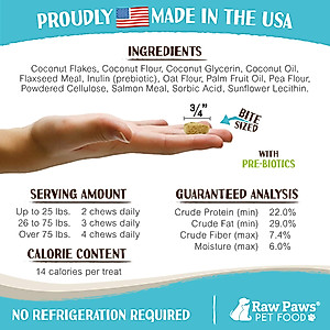 Raw Paws Skin & Coat Treats for Dogs, 10-oz/100-ct - USA Made - Coconut & Salmon Omega 3 Dog Treats, Soft Skin Chews - Dry Skin Dog Treats Support Healthy Dog Coat - Skin and Coat Supplement for Dogs