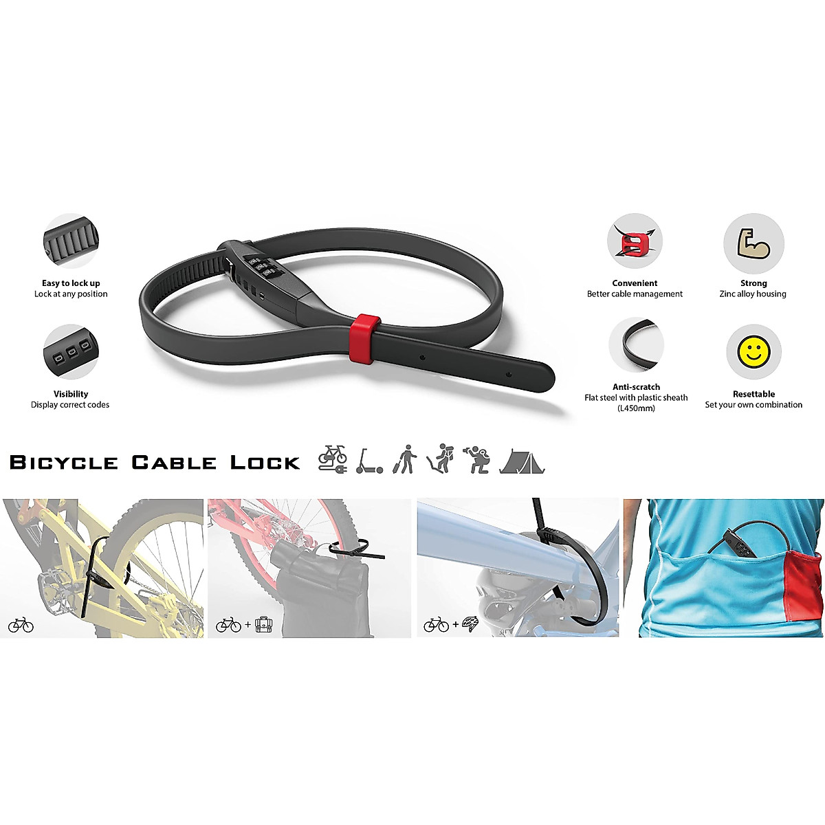 18” Zip Combination Keyless Cable Lock Lightweight Bike/Scooter/Luggage Lock Item Bike Lock (1)