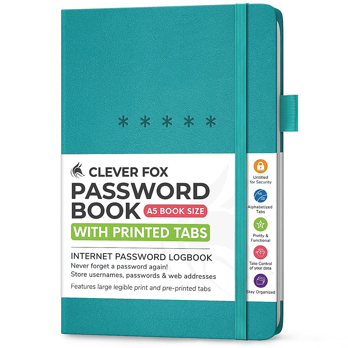 Clever Fox Password Book – Alphabetized Internet Address & Password Organizer – Computer & Website Password Keeper Notebook – Log-In Password Journal - Medium, A5, 8.3x5.8″, Hardcover (Turquoise)