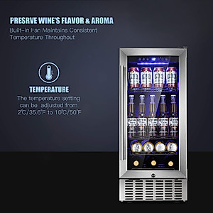 Antarctic Star 15 Inch Beverage Refrigerator Under Counter Built-in Wine Cooler Mini Fridge Clear Glass Door Digital Memory Temperature Control, Beer Soda LED Light, Quiet Operation (15 Inch)