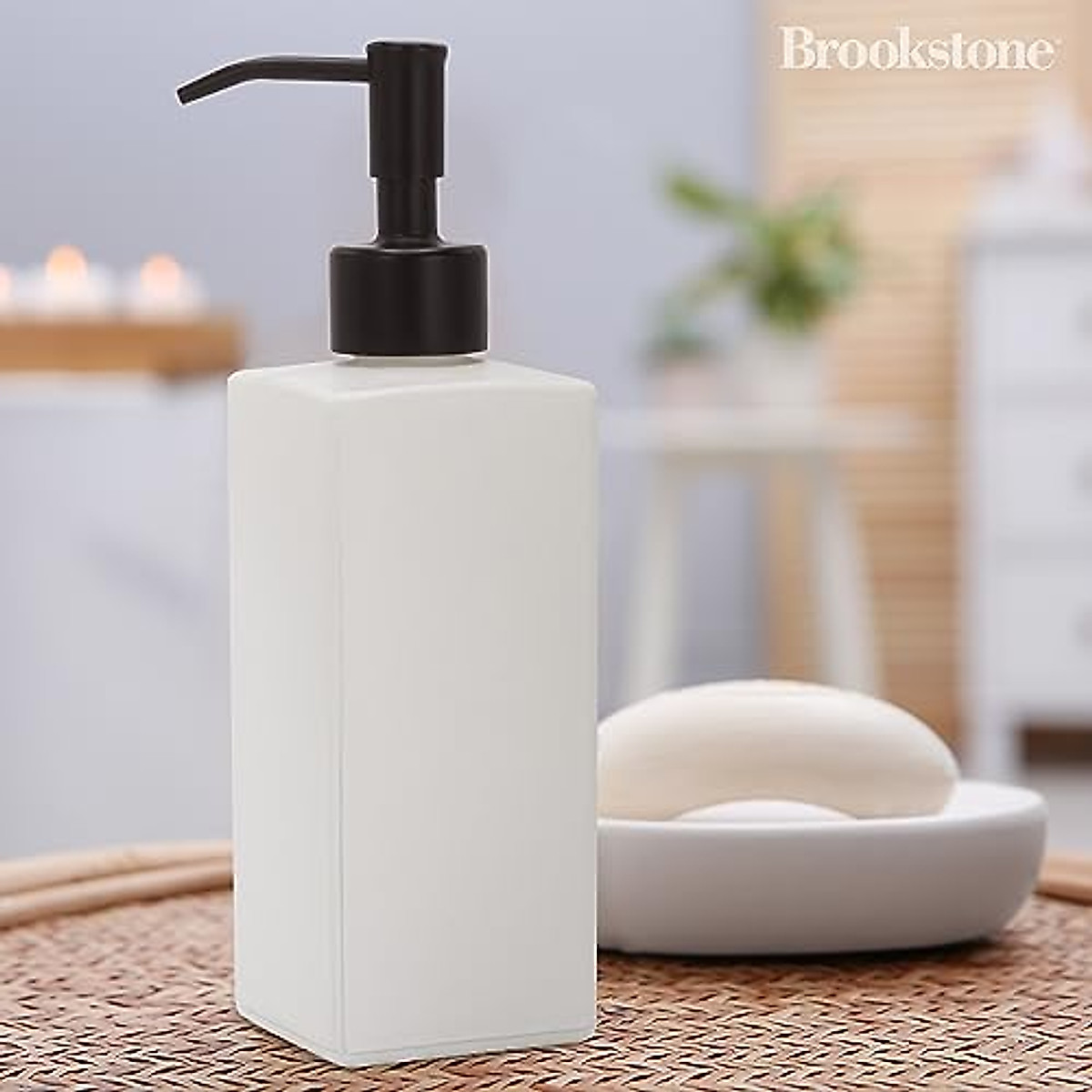 BROOKSTONE, Ceramic Soap Dispenser with Metallic Top - Stylish and Modern Liquid Hand Soap Holder for Bathroom or Kitchen, Square, White