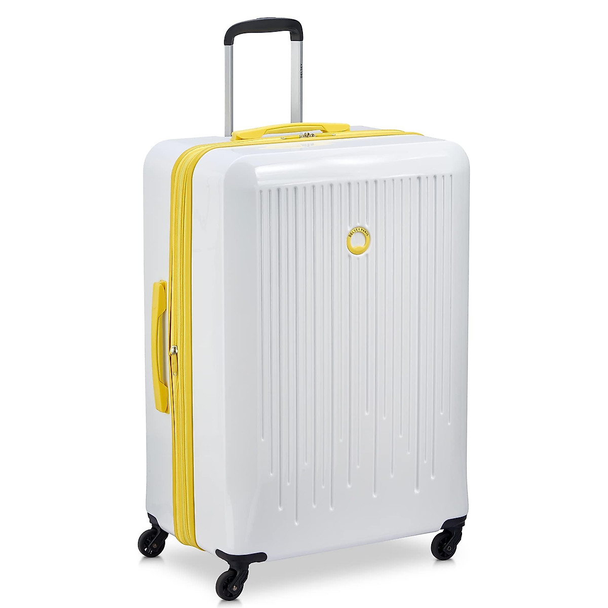 DELSEY Paris Christine Hardside Expandable Luggage with Spinner Wheels, White with Yellow Trim, Checked-Large 28 Inch
