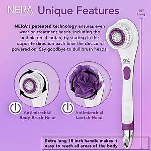 Spa Sciences - NERA - Power Shower Brush - 3-in-1 Multifunction Back & Body Brush - Exfoliation, Cleansing, Massaging - for All Skin Types - Includes Body Brush, Loofah, & Pumice Stone - USB Charging