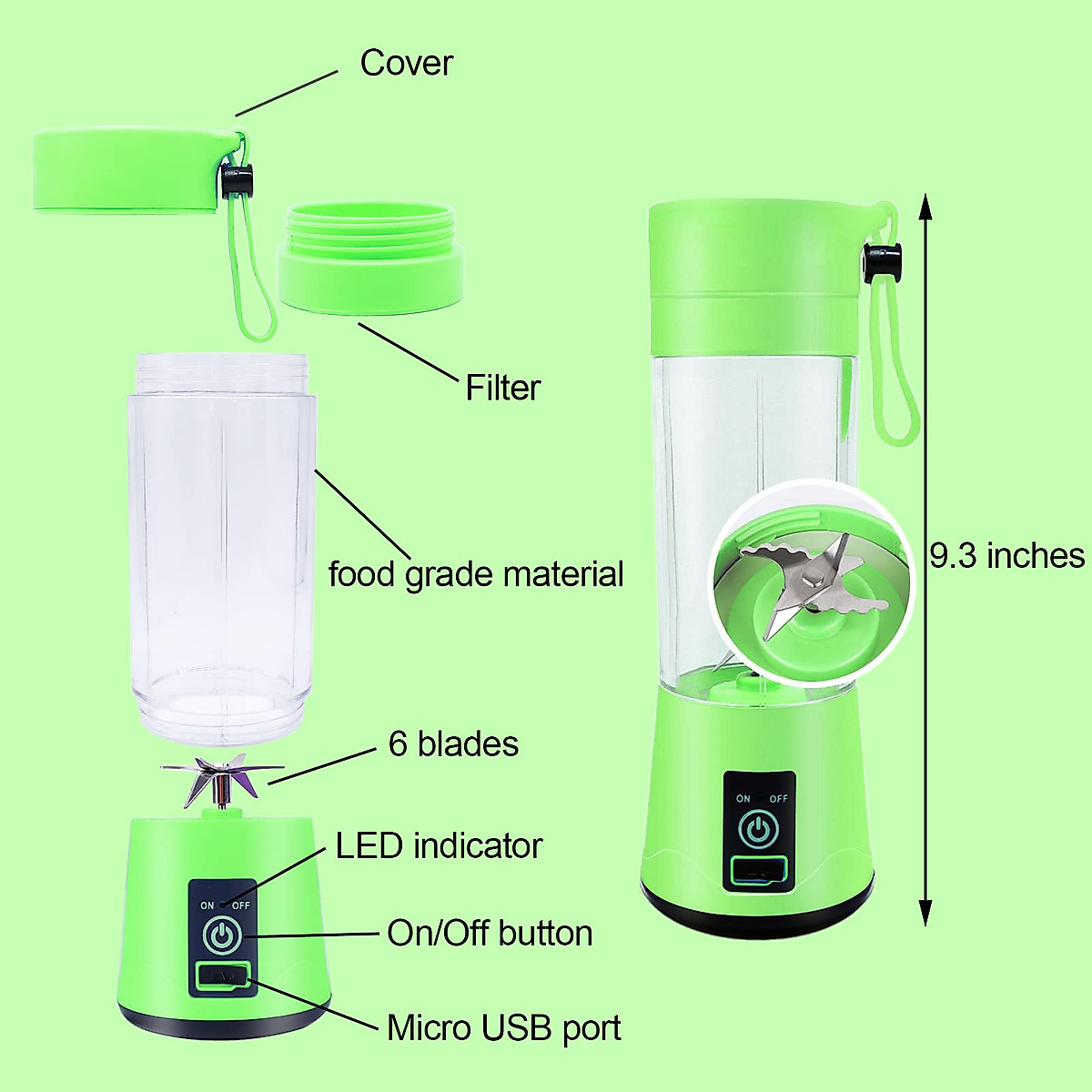 SoQte Handheld Portable Blender, Personal Size Blender Juice Cup with 6 Blades, Mini Blender for Fruit Smoothies and Shakes, with 380ml Juice Cup for Baby Food, Gym, Home, Travel (upgrade blade green)