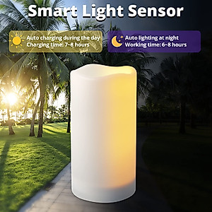 NURADA Large Outdoor Solar Powered Candles - Flameless Pillar Waterproof Rechargeable Candle Set, White Resin, LED Light, Rechargeable Solar Battery Included, Waterproof for Patio Decor 3.25" x 6"